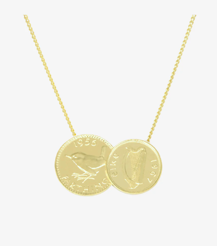 KATIE MULLALLY 9CT GOLD IRISH ENGLISH DOUBLE COIN NECKLACE